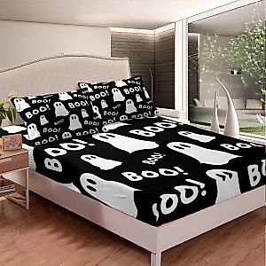 Castle Fairy Funny Ghost Fitted Sheet Queen Size Happy Halloween Theme Bedding Set Black White Sheet Set,Cartoon Ghost Bed Cover Ultra Soft Breathable Bedspread 3 Pcs for Kids Teens Boys