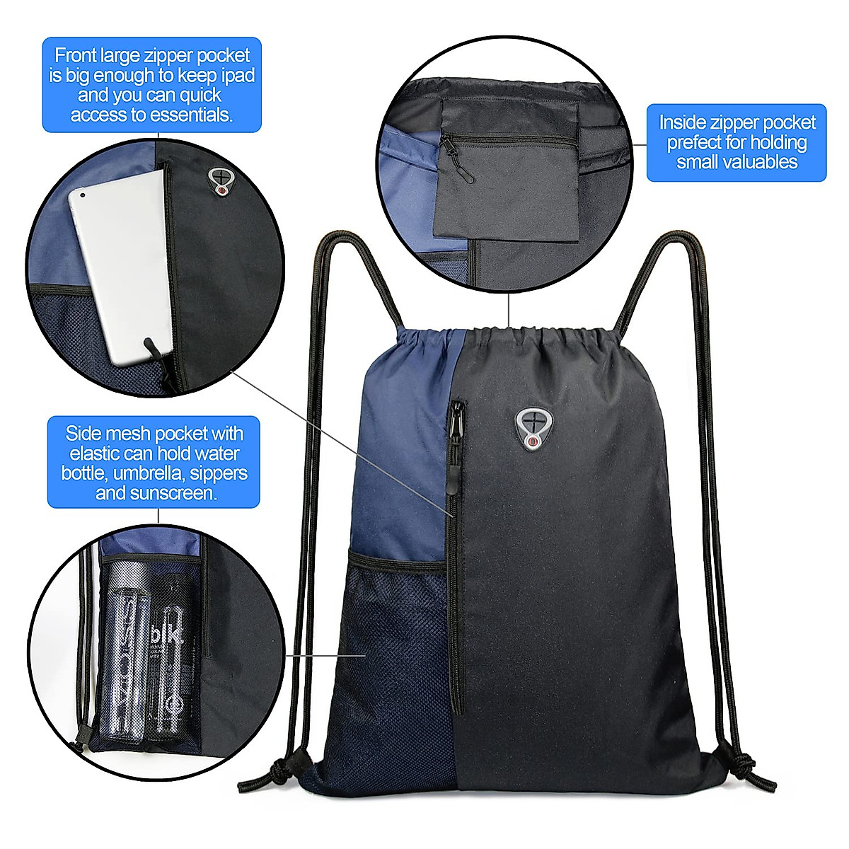 BeeGreen Drawstring Backpack Sports Gym Bag for Women Men Large Cinch Sackpack with 2 Zipper Pockets and Water Bottle Mesh Pockets Black Navy
