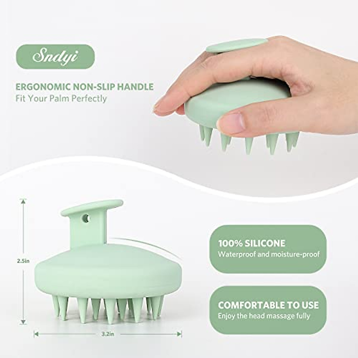 Sndyi Silicone Scalp Massager Shampoo Brush, Hair Scrubber with Soft Silicone Bristles, Scalp Scrubber/Exfoliator for Dandruff Removal, Wet Dry Scalp Brush for Hair Growth & Scalp Care, Fir Green