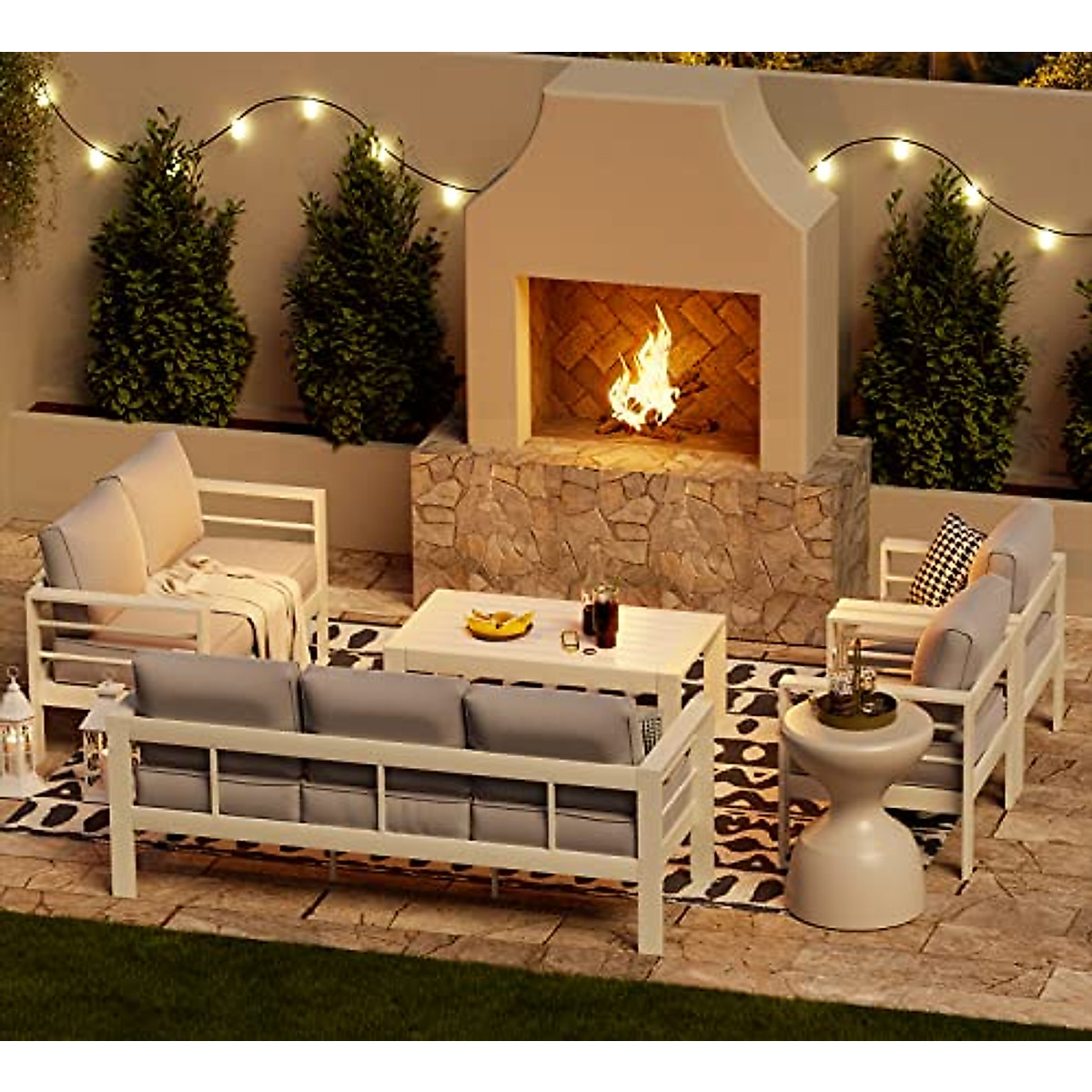 UDPATIO Oversized Aluminum Patio Furniture Set, Modern Metal Outdoor Patio Conversation Sets, Patio Sectional Sofa w/ 5 Inch Cushion Coffee Table for Poolside, Deck, White (Include 4 Sofa Covers)
