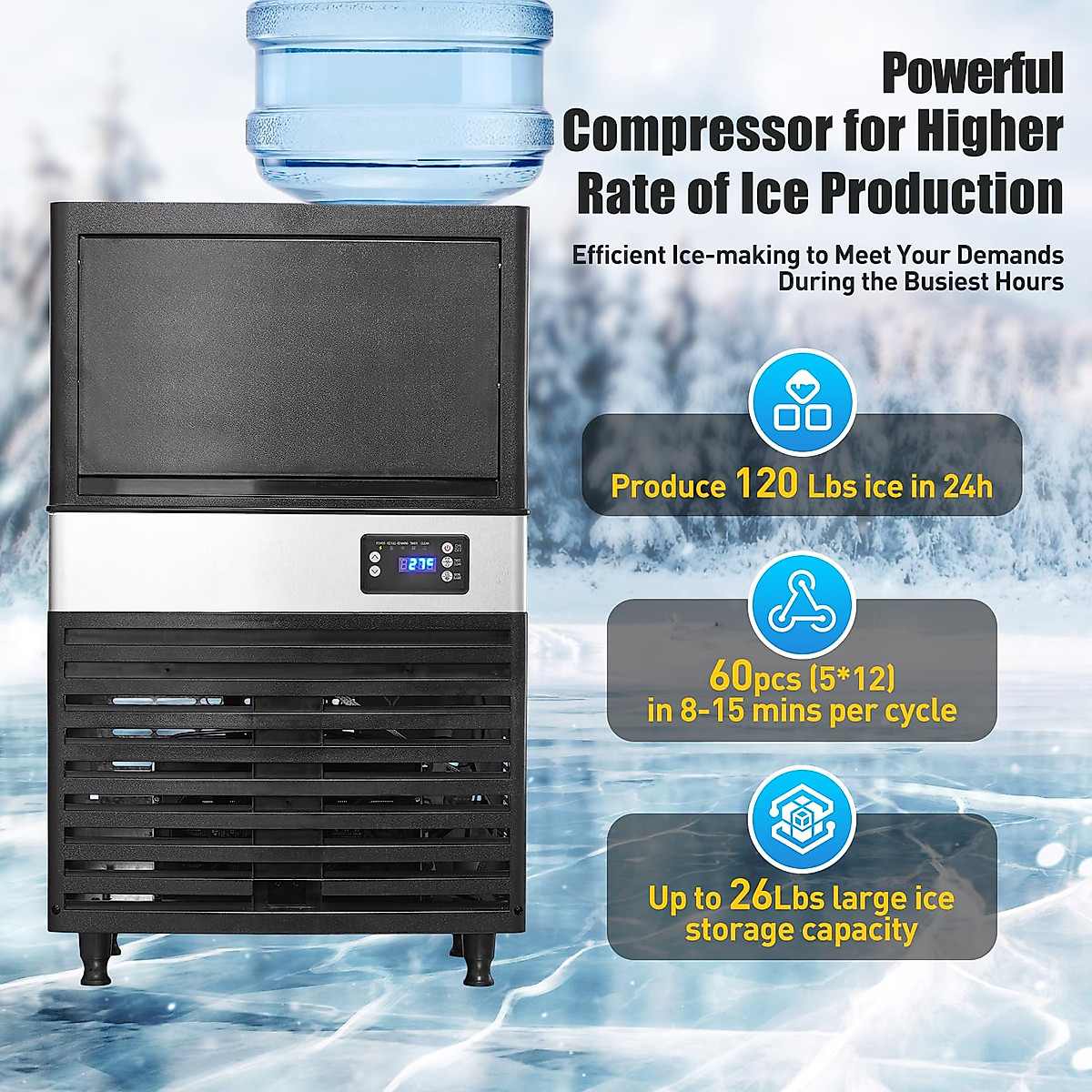 Commercial Ice Maker Machine 120Lbs/24H with 26Lbs Storage Capacity, 60Pcs/Cycle Ice Cubes, Stainless Steel Under Counter Freestanding Ice Machine, 2 Water Inlet Modes