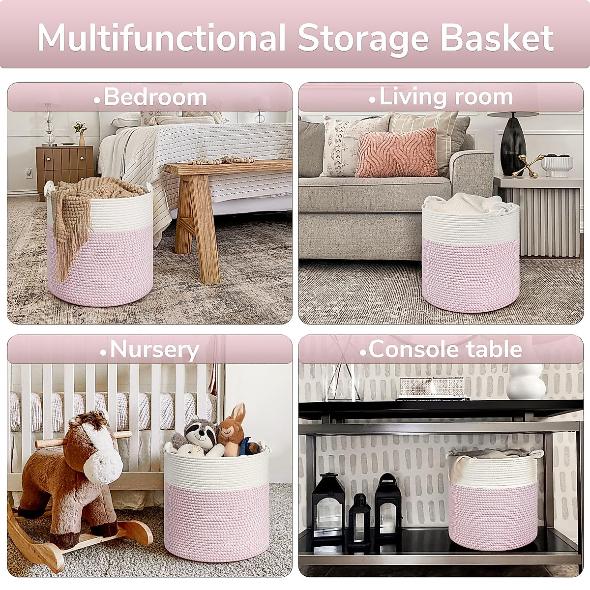 Goodpick Baby Storage Basket, Pink Laundry Basket 15 x 14.2 Inches, Toy Basket for Clothes, Nursery Basket for Toys, Soft Woven Basket for Storage, Pink