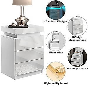 TUKAILAi Set of 2 Modern Nightstand with LED Light, High Gloss Bedside Table Cabinet with 3 Drawers and Top Storage, Chest of Drawers for Bedroom Living Room (White)