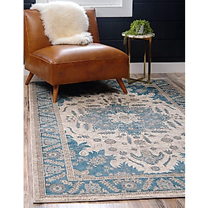 Unique Loom Salzburg Collection Classic Traditional Design Oriental Inspired Border Area Rug, 8 ft x 10 ft, Beige/Blue