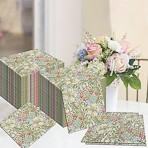 Bolsome 100Pcs William Morris Paper Napkins Vintage Flowers Cocktail Napkins Disposable Green Gold Wildflowers Luncheon Hand Napkins for Wedding Bridal Shower Dinner Tableware Supplies