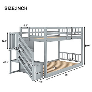 Harper & Bright Designs Low Bunk Beds Twin Over Twin Size, Solid Wood Bunk Bed with Storage and Guardrail for Kids and Toddler