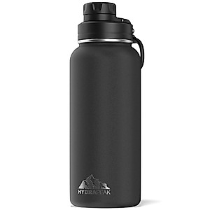 Hydrapeak 32 oz Insulated Water Bottle with Chug Lid - Reusable Leak Proof Stainless Steel Water Bottles, Double Wall Vacuum Insulation | 24 Hours Cold and 12 Hours Hot (Black)