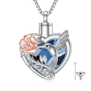 TOUPOP Hummingbird Urn Necklace for Ashes Sterling Silver with Blue Heart Crystal Cremation Jewelry w/Funnel Filler Memory Jewelry for Women
