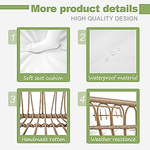 3 Pieces Outdoor Chairs Set, Boho Indoor Outdoor All Weather Woven Rope Furniture Set, Tan Wicker Chat Set with White Cushions, Rattan Sets for Balcony, Garden, Front Porch,Indoor,Living Rooms