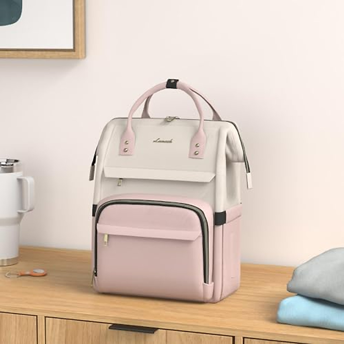 LOVEVOOK Laptop Backpack for Women, 17-inch Large Capacity Fashion Work Computer Backpacks Purse, Travel Business Bags, Doctor Nurse Backpack, Beige-Pink