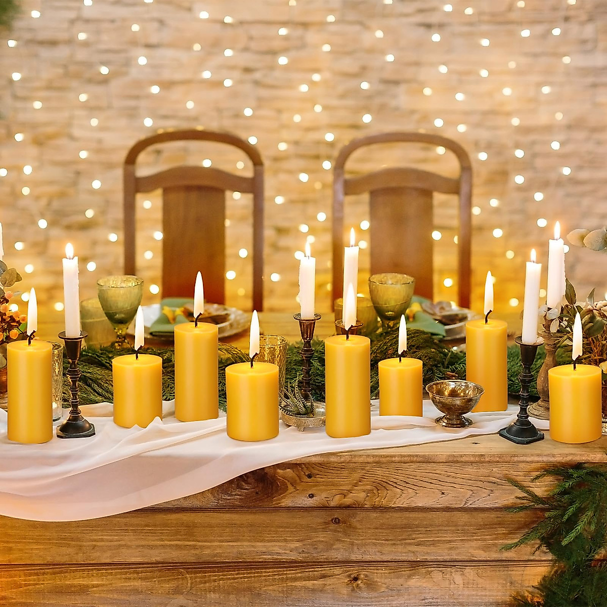 Threlaco 10 Pcs Pure Beeswax Candles Set Natural Unscented Beeswax Pillar Candle 2.4 x 3 Inch 2 x 4 Inch Smokeless Bees Wax Candles Long Burn Time Scentless Candles for Prayer Decoration Home Relax