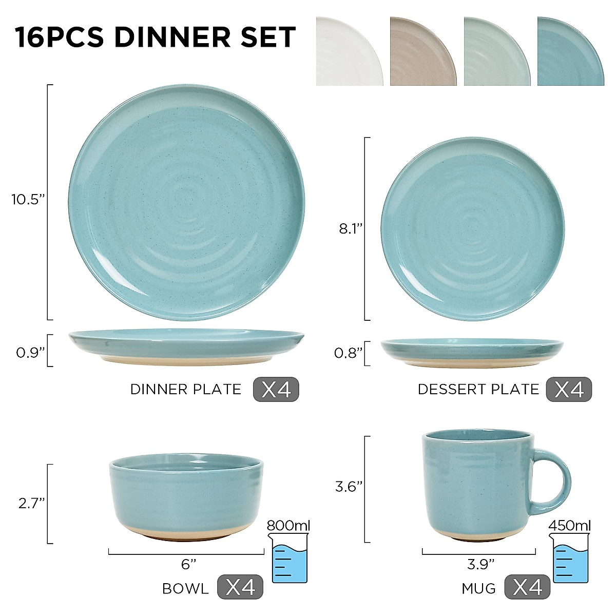 Ollieroo 16 Pieces Stoneware Dinnerware Sets Dishwasher & Microwave Safe, Handpainted Spirals Pattern Ceramic Dish Set Includes Plates, Bowls and Handled Mugs, Kitchen Dinner Set for 4, Multicolor