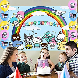 San-Rio Birthday Party Backdrop Decoration, Hello Kittty, Cinnamo-roll, Big-Eyed Frog, Little Twin Stars, Kurommi Theme Party Photo Background and 18Pcs Cinnamo-roll Balloons Party Supplies