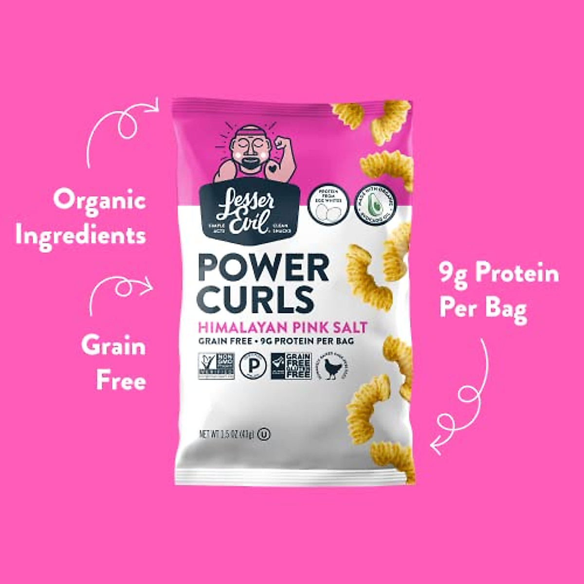 LesserEvil Himalayan Pink Salt Power Curls, Grain Free, Minimally Processed, Avocado Oil, Egg White Protein, 1.5 Oz, Pack of 7