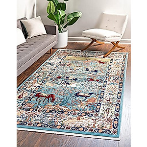 Unique Loom Narenj Collection Classic Traditional Hunting Scene Textured Design Area Rug, Rectangular 5' 0" x 8' 0", Blue/Tan