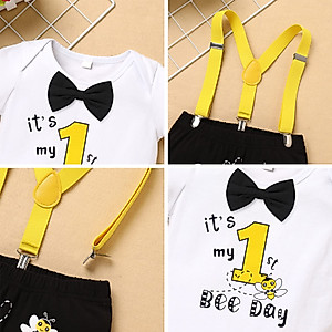 It's My 1st Bee Day Baby Boy First Birthday Clothes Infant Boy Bow Tie Romper Bodysuit Cake Smash Shorts Pants Y-Back Suspenders Photo Shoot Outfits Black-Bowtie It's my 1st bee day 12-18 Months