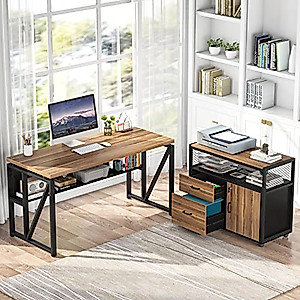 Tribesigns L Shaped Desk with Drawer Cabinet, 55" Executive Computer Desk and lateral File Cabinet, 2 Piece Home Office Furniture with Drawers for Hanging File, Doors with Locks (Dark Walnut+Black)
