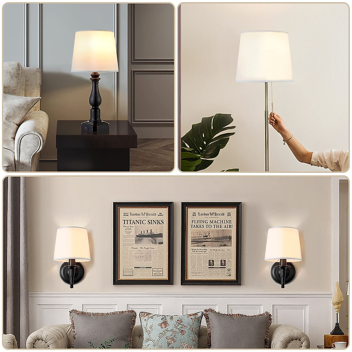 Set of 2 Double Medium Lamp Shades, White Drum Lamp Shade for Table Lamp and Floor Light, Fabric Natural Linen Handmade, 8x10x8.5 inch, Spider (White)