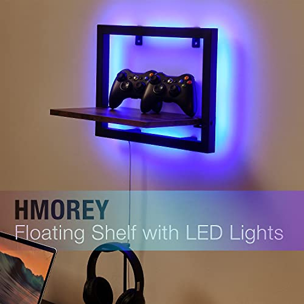 HMOREY LED Floating Display Shelf with Built-in Illuminated Lights Wall Mounted Light-Emitting Shelf Lighted Display Shelf, Hanging Shelf for Living Room, Bedroom, Kitchen (15” Rustic Brown)