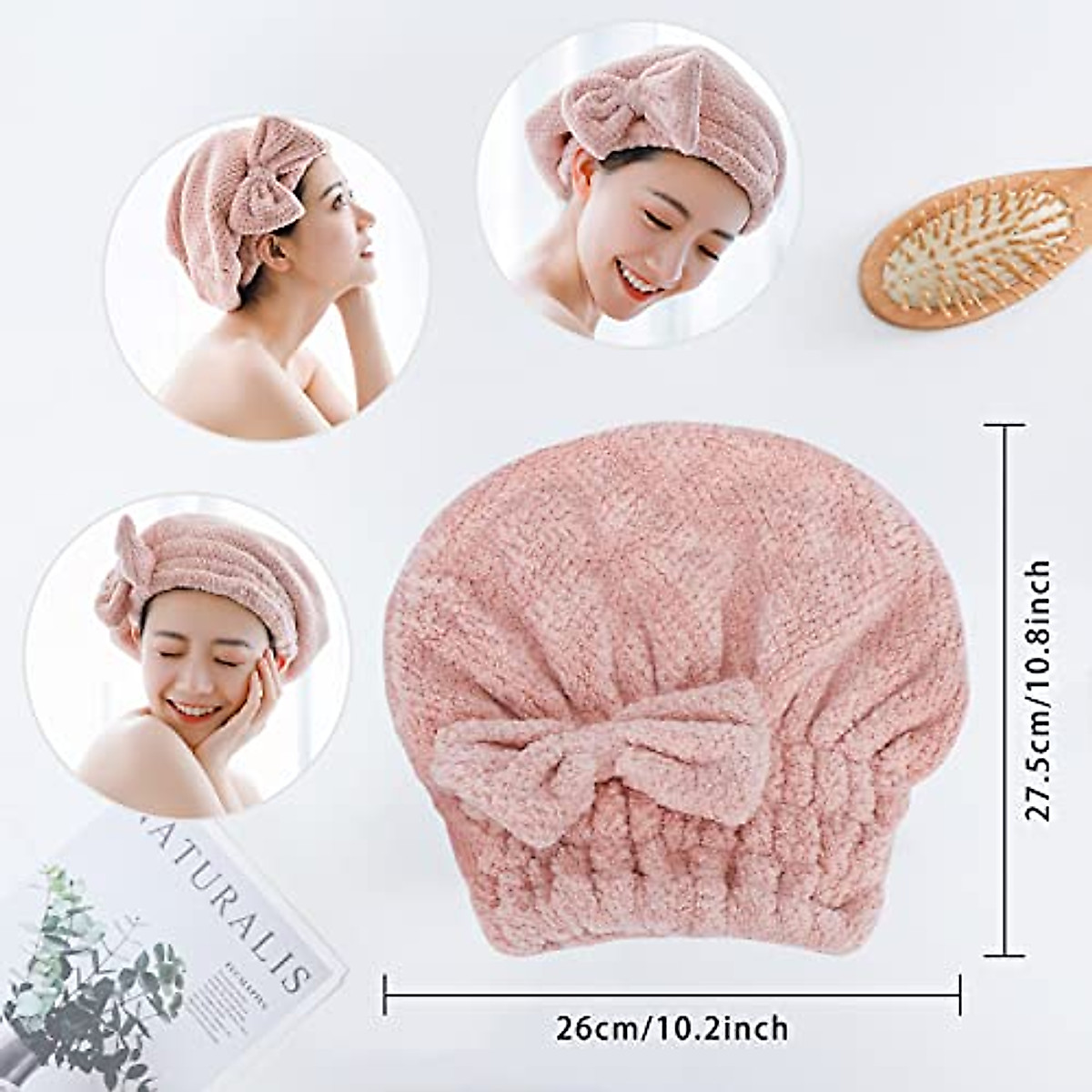 Unaone 2 Pack Microfiber Hair Drying Towels, Super Absorbent Turban Hair Towel Cap, Quick Dry Head wrap with Bow-Knot Shower Cap for for Curly, Long, Thick Hair & Wet Hair (Pink & Brown)