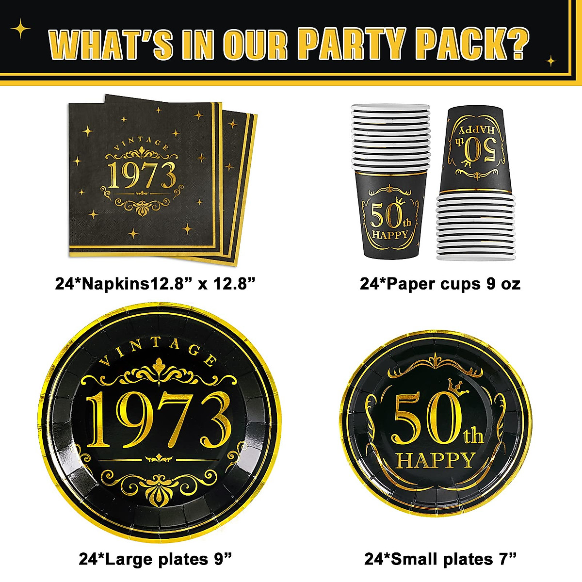 50th Birthday Party Paper Plates Cup Napkins - 96PCS Disposable Plates Cups Paper Napkins Women Men 50 Years Old Birthday Retirement Party Balck Gold Tableware Serves 24 Guests, 9” Plates, 7” Plates