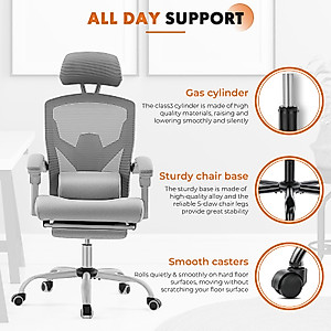 Sweetcrispy Office Computer Desk Chair, Ergonomic High-Back Mesh Rolling Work Swivel Chairs with Wheels, Comfortable Lumbar Support, Comfy Arms for Home, Bedroom, Study, Student, Grey