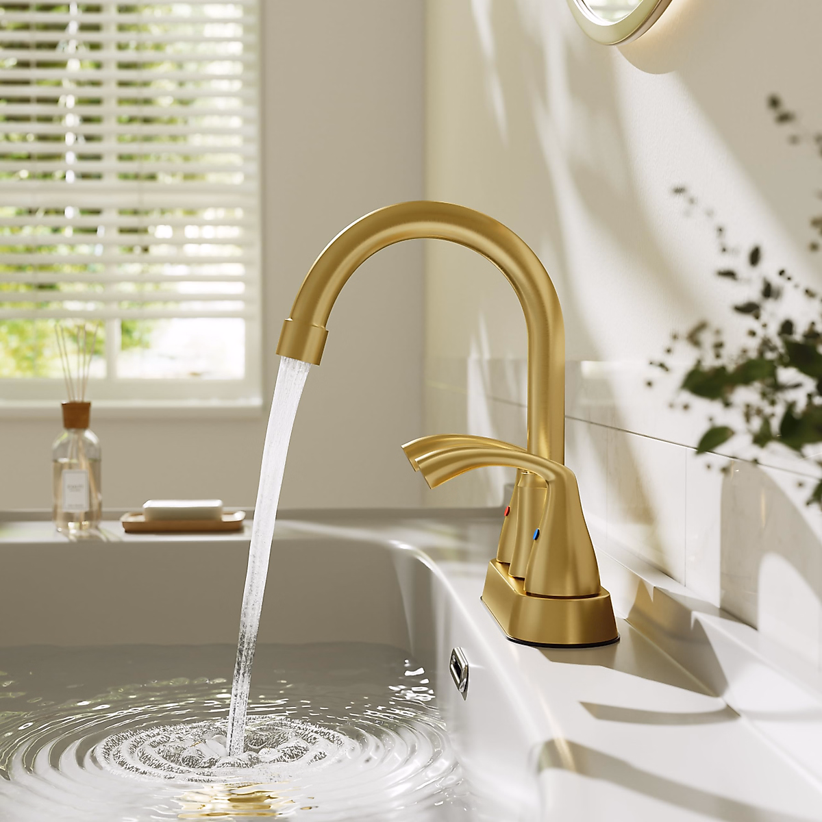 Phiestina Brushed Gold 4 Inch Centerset 2 or 3 Holes Bathroom Sink Faucet, Modern Vanity Faucet with 360 Swivel Spout, Metal Pop-up Drain and Water Supply Lines, JC180-BG