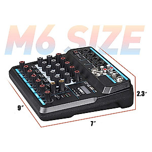 Viiart Wireless Audio Mixer Sound Board-6 Channel Digital Bluetooth USB Computer Compatible Input DJ Controller Sound Mixer 48V Phantom Power Microphone in,Headphone Jack Stereo DJ Streaming(M6)
