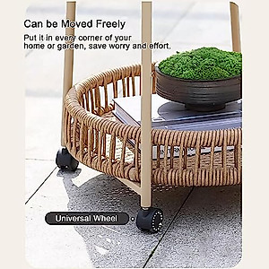 Gtzly Rattan Round End Table, Small Coffee Table with Wheels and Steel Frame, Side Table Accent Side Table with 2-Tier Rattan Open Storage Shelves