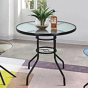 32" Patio Dining Table Round Bistro Table Outdoor Furniture Garden Table Patio Coffee with Tempered Glass Top Patio Glass Side Table for Backyard Lawn Balcony Pool, Black