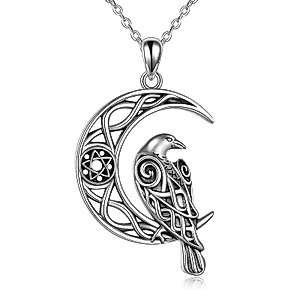 ONEFINITY Raven Necklace Sterling Silver Viking Celtic Crow Raven Pendant Crescent Moon Pentagram Amulet Wiccan Jewelry Christmas Gifts for Women Men