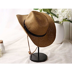 Straw Cowboy Hat for Men Women Beach Sun Hat Wide Brim Panama Fedora Hat Outdoor Foldable Summer Straw Hat Western Style (Khaki)