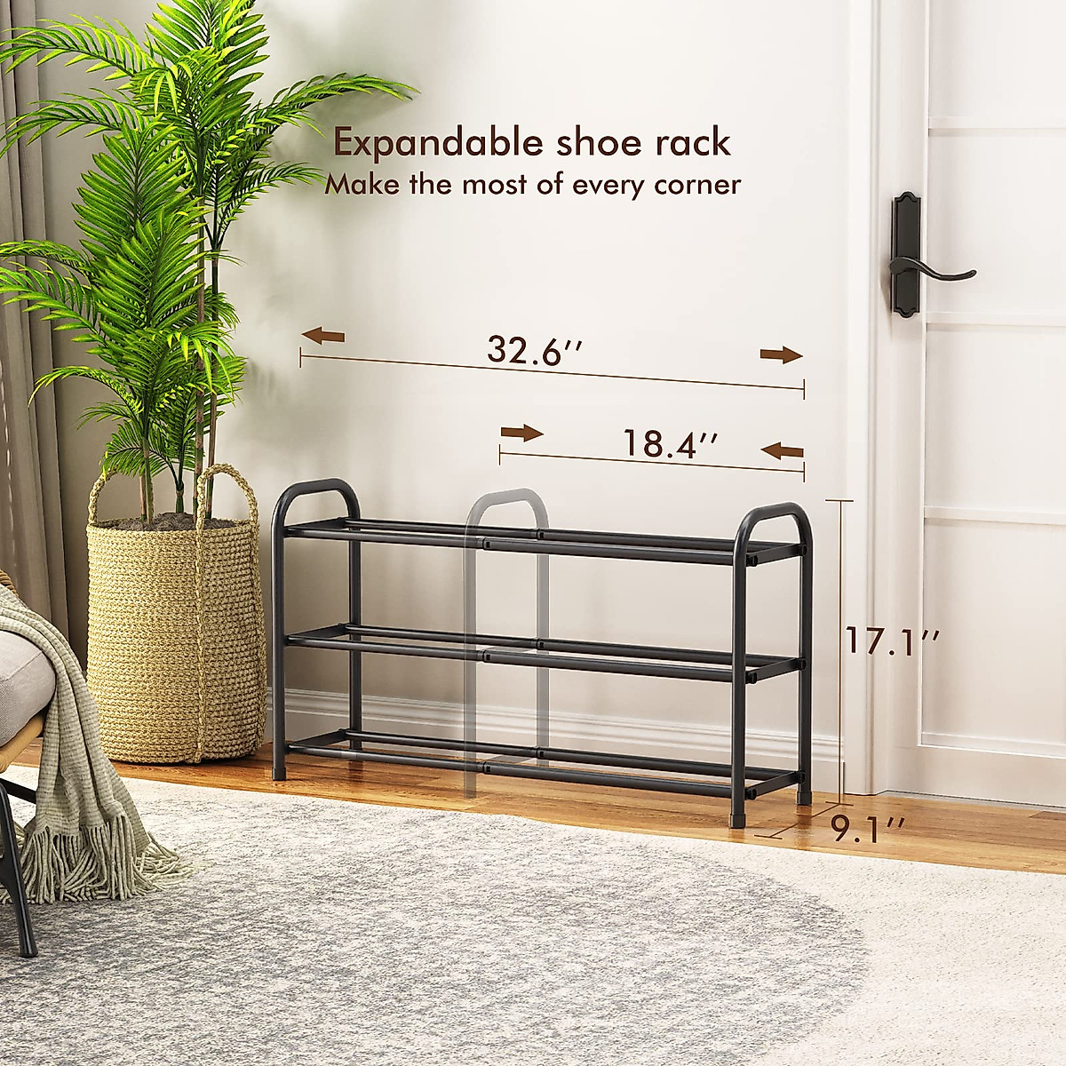 Nroech Shoe Rack, 3-Tier Expandable Shoe Rack Metal Free Standing Shoe Shelf Organizer Storage, Adjustable Shoe Racks for Closet Entryway(Black)