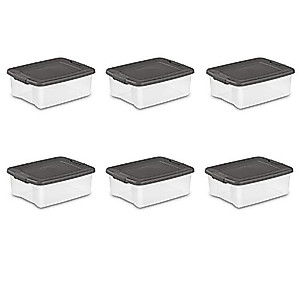 Sterilite 19363V06 25 Quart/24 Liter Shelf Tote, Clear Base with Flat Gray Lid and Latches, 6-Pack