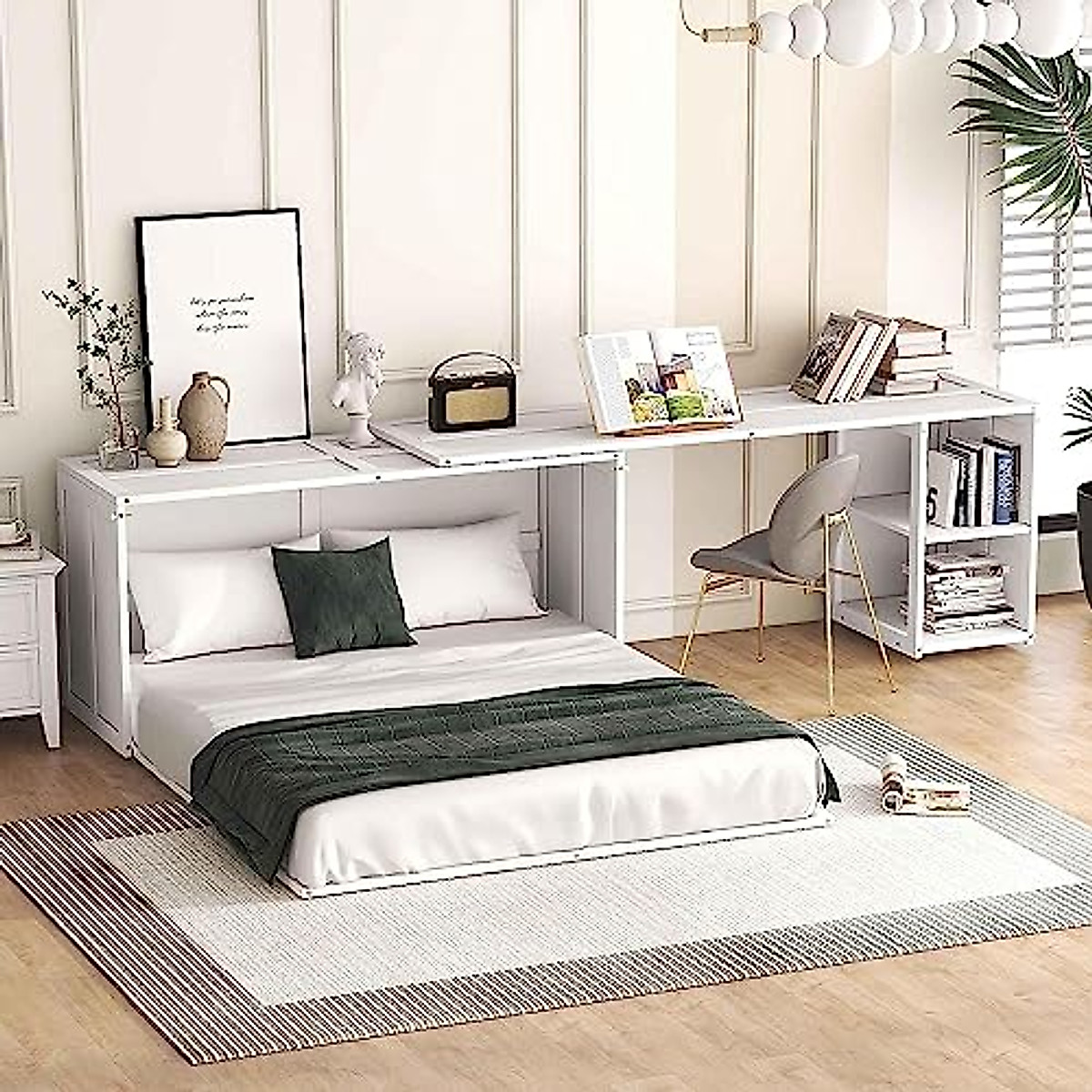 DNYN Queen Size Murphy Bed with Storage Shelves & Rotable Desk & Cabinet Design,Solid Wood Bedframe,Space Saving & No Box Spring Need,Perfect for Livingroom,Guestroom,Bedroom, White