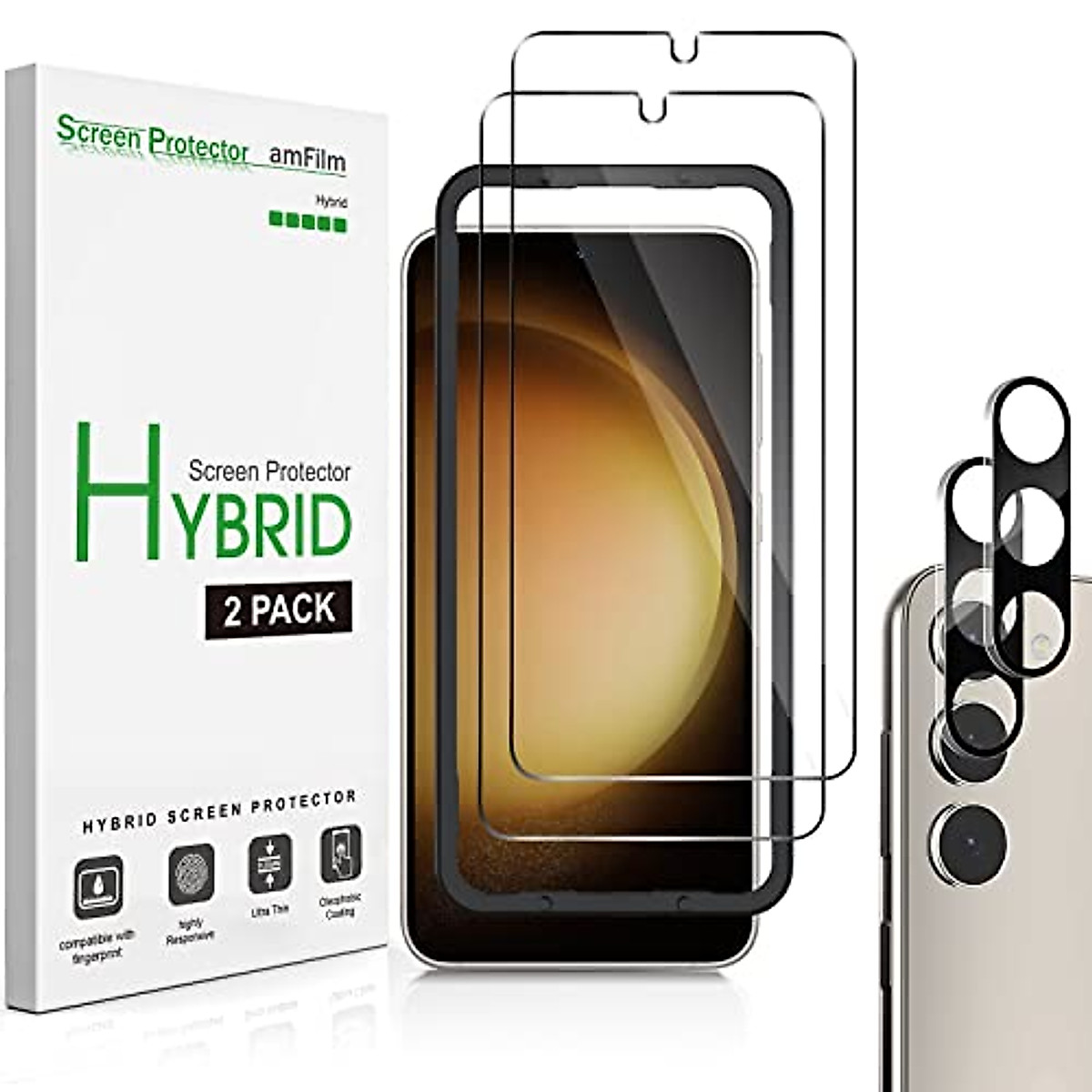 amFilm [2+2 Pack Hybrid Film Screen Protector for Samsung Galaxy S23+/S23 Plus 6.6 Inch [100% Fingerprint ID Compatible] with Tempered Glass Camera Lens Protector and Easy Installation Tray.