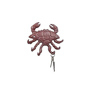 Red Whitewashed Cast Iron Decorative Crab with Six Metal Wall Hooks 7"