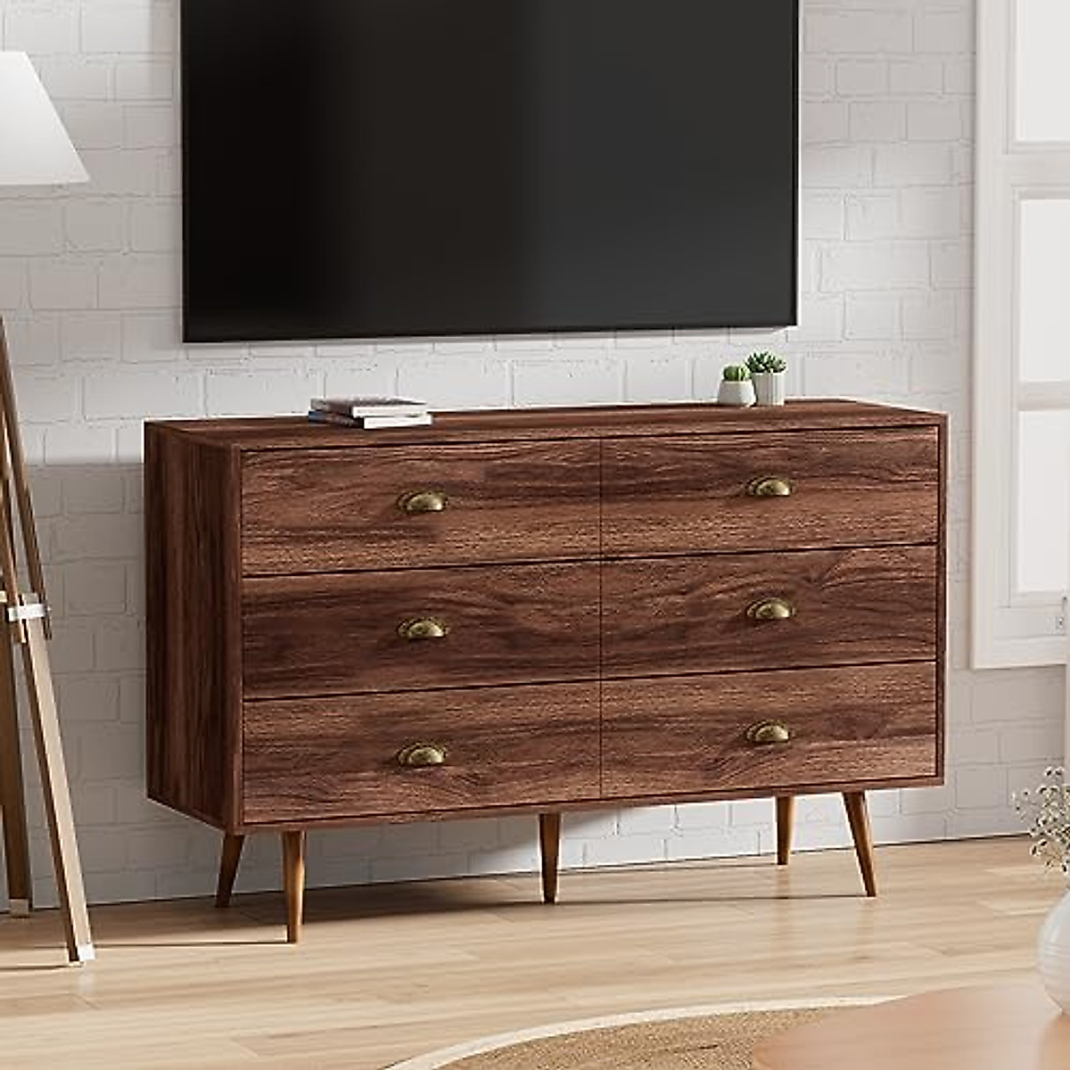 LYNSOM Dresser for Bedroom, Modern 6 Drawer Dresser with Gold Handles, Wood Chest of Drawers for Kids Bedroom, Living Room
