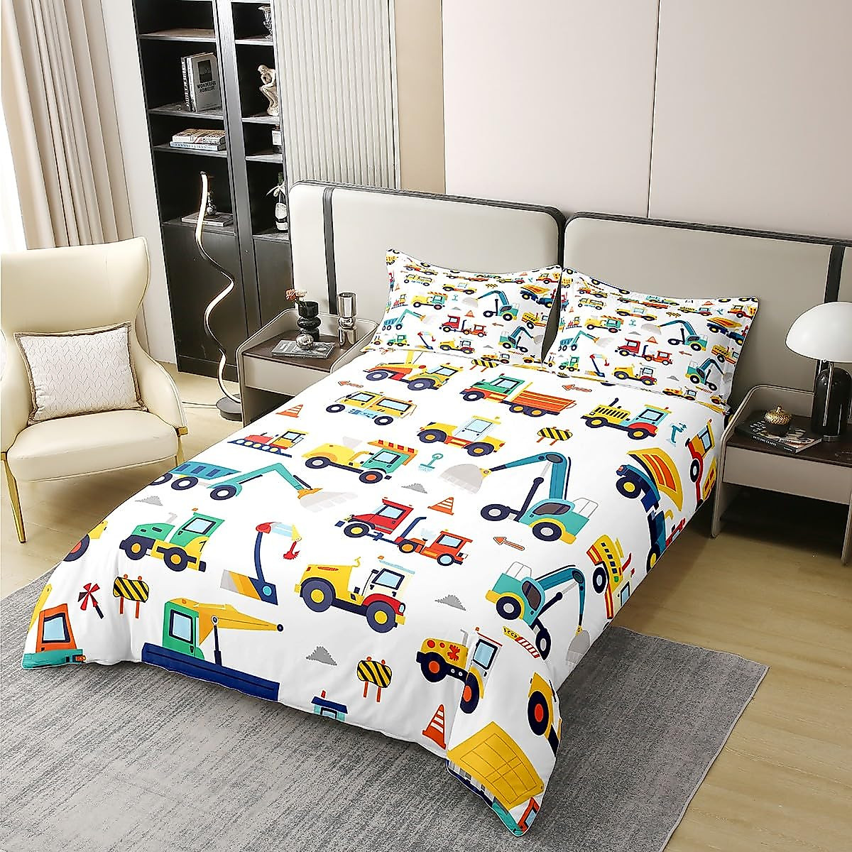 Cartoon Truck 100% Cotton Comforter Cover Queen Construction Vehicle Duvet Cover for Kids Boys Girls Transport Equipment Car Quilt Cover Bulldozer Crane Bedding Set with 2 Pillowcases