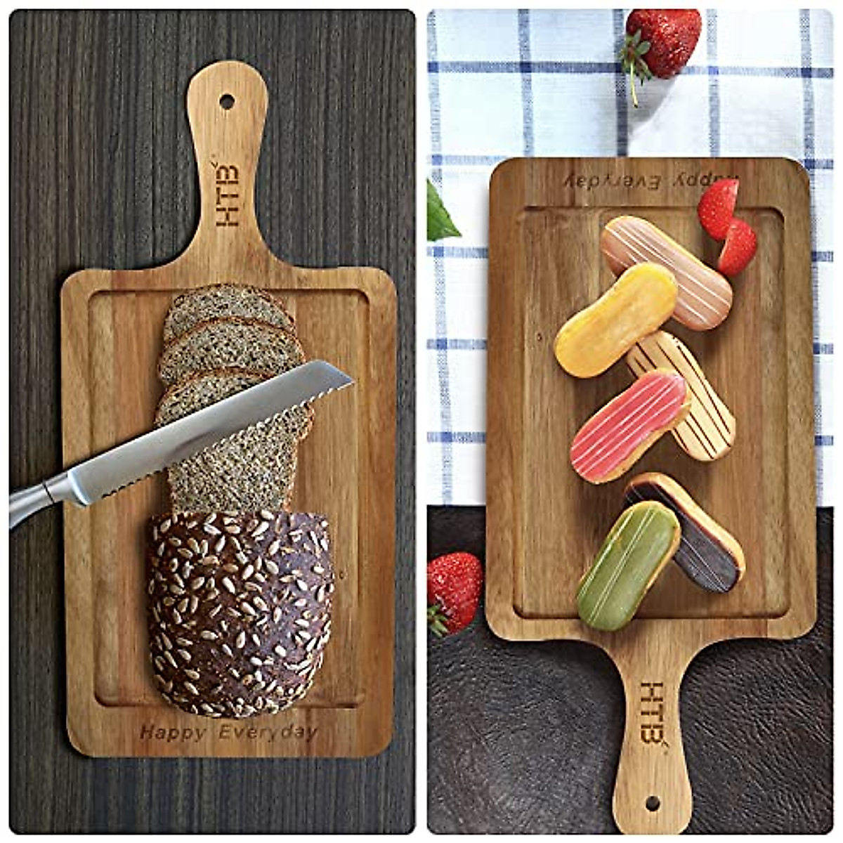 Acacia Wood Paddle Serving Board HAPPY EVERYDAY Engraved, 15 x 7.1 In Small Kitchen Wooden Cutting Board With Handle, Slicing Board for Cooked Food, Bread Serving Board By HTB