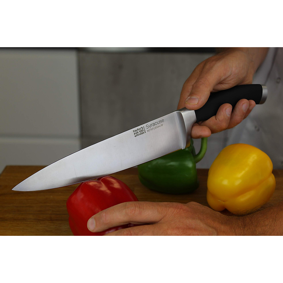 Taylors Eye Witness Syracuse Chefs/Cooks Kitchen Knife - Professional 20cm/8 Inch Cutting Edge, Multi Use. Precision Ground, Razor Sharp, Ultra Fine Blade. Soft Textured Grip Matte Black Handle.