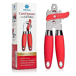 Benir Kitchen 1 Manual Heavy Duty NO-Rust Stainless Steel Tin Cans Openers, Anti Slip Hand Grip, Lock & Lift-Away Lid Magnet, Red