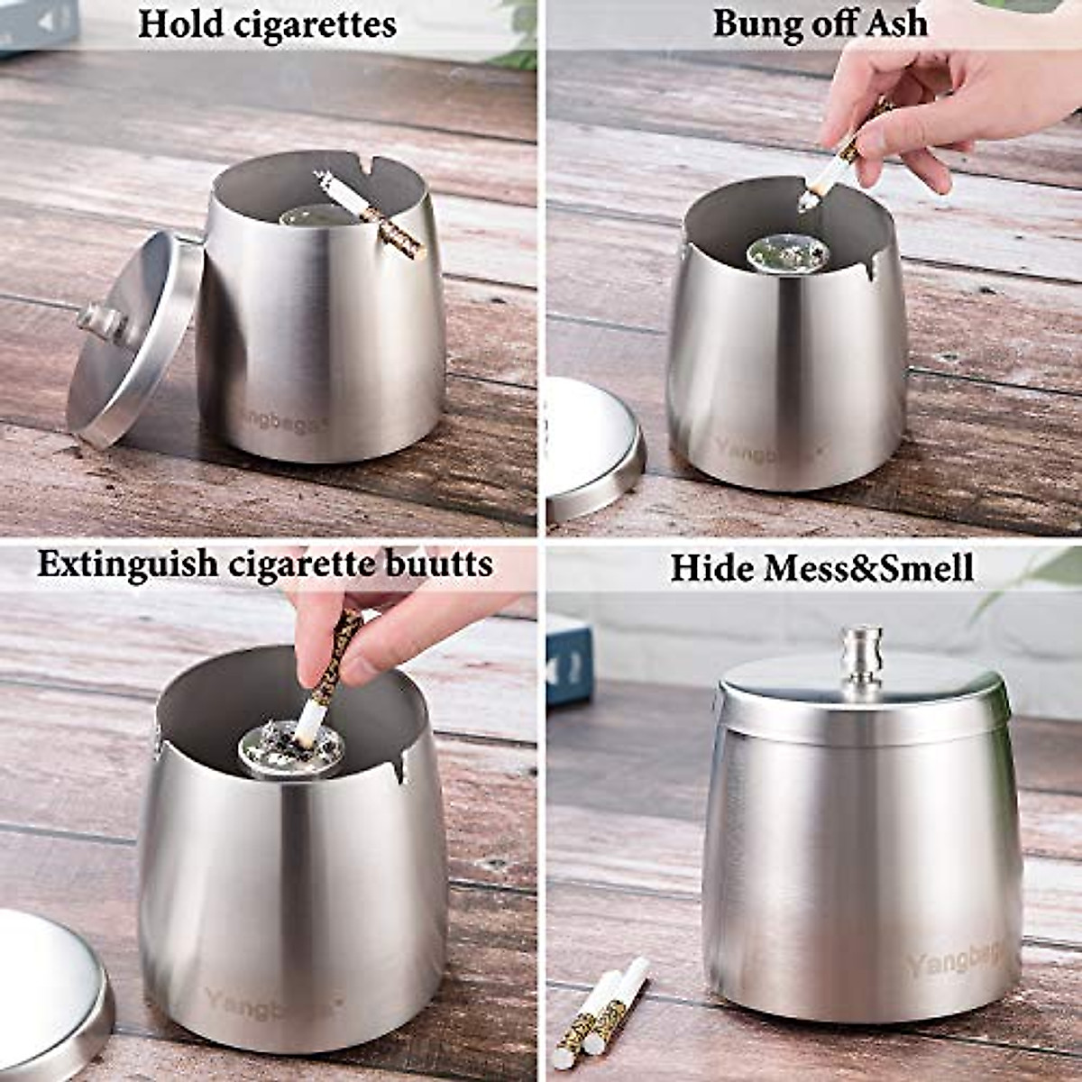 Yangbaga XL Ashtray with Lid for Cigarettes，Windproof/Rainproof Stainless Steel Smokeless Odorless Ash tray for Home Unbreakable Modern Ashtray for Indoor or Outdoor Use,Silver (X-Large)