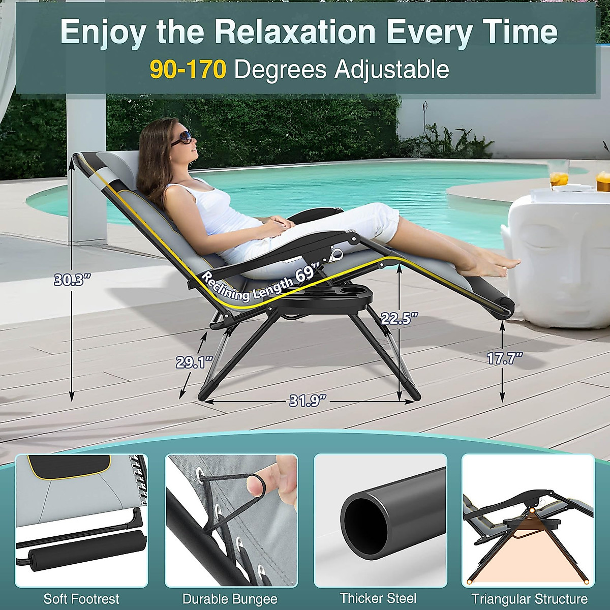 Slendor Oversized Padded Zero Gravity Chair, 33Inch XXL Reclining Camping Lounge Chair with Large Cup Holder & Footrest, Reclining Patio Chairs Folding Recliner for Outdoor Indoor, Gray