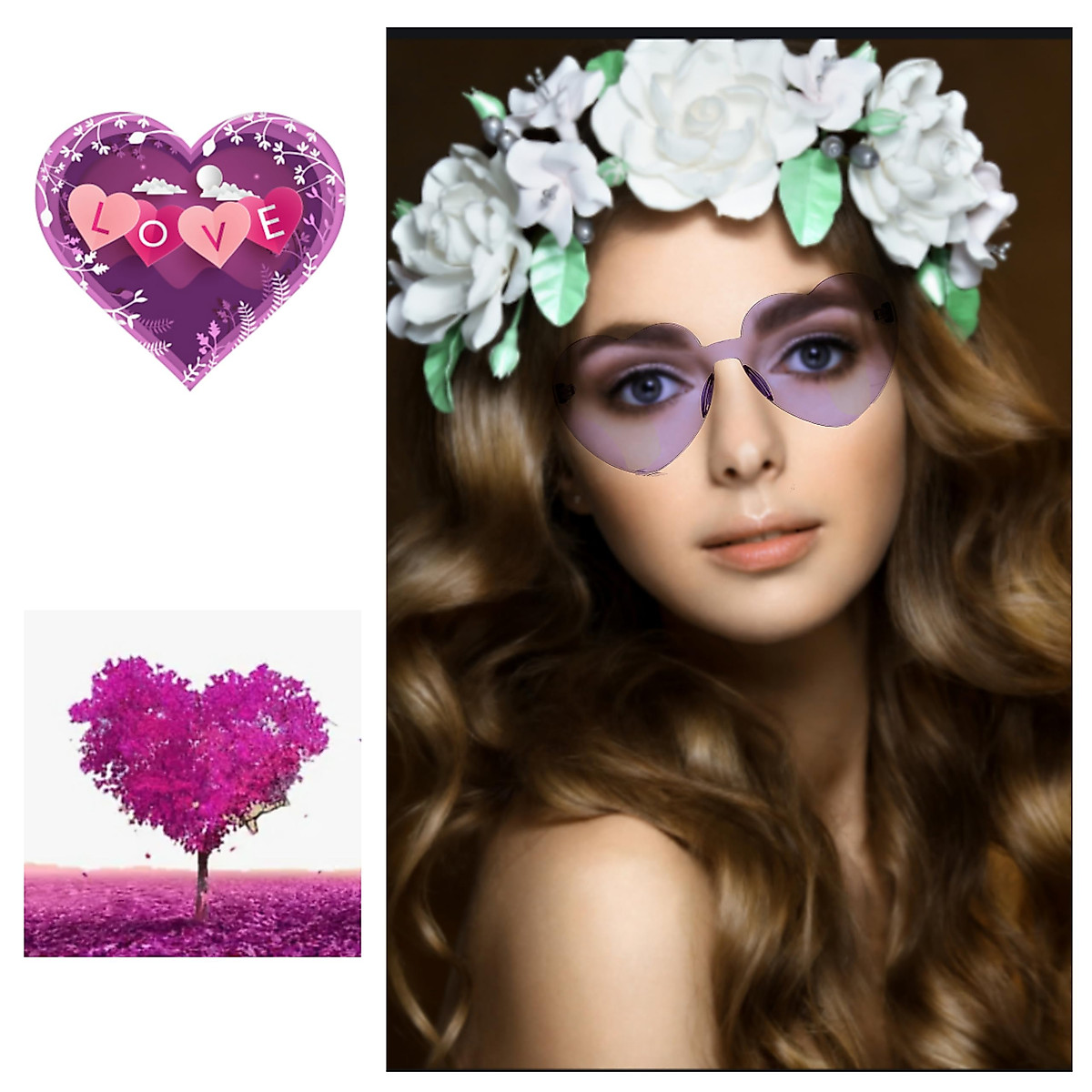 OLIN Heart Thick Oversized Rimless Sunglasses One Piece Heart Shape Eyewear Colored Sunglasses for Women Purple, Heart
