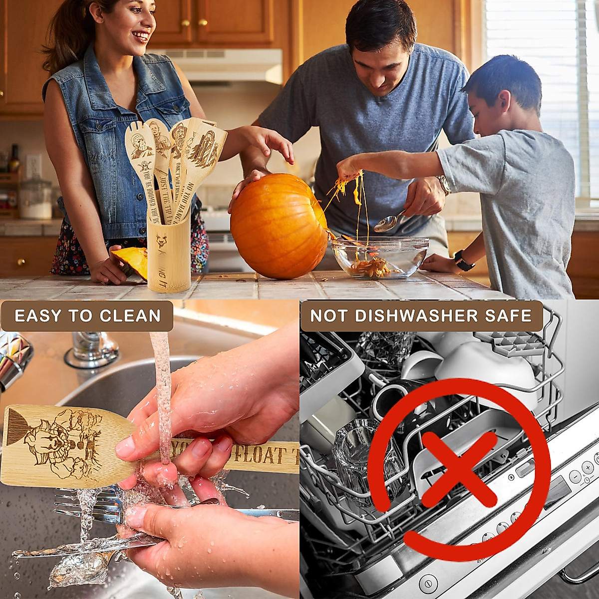 6Pcs Horror Movie Character Cooking Gift Set Wooden Spoons Utensils with Matching Holder - Halloween Movie Merchandise Laser Engraved Bamboo Spoons Set for Horror Movie Gifts, Horror Movie Party Decor