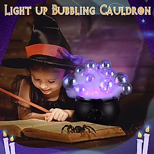 Liliful Light up Bubble Cauldron DIY Set, 7.68" Black Plastic Witches Cauldron with Handle 24 Pcs Clear Plastic Balls and String Light Halloween Cauldron Candy Bowl for Halloween Decorations (Purple)