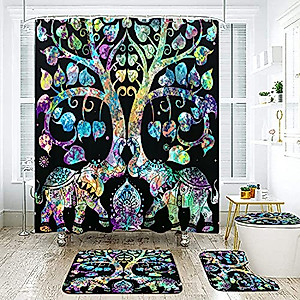 DuoBaorom 4 Pieces Set Boho Elephant Shower Curtain Set Boho Paisley Animal Tree of Life Picture Print on Non-Slip Rugs Toilet Lid Cover Bath Mat and Bathroom Curtain with 12 Hooks 72x72inch