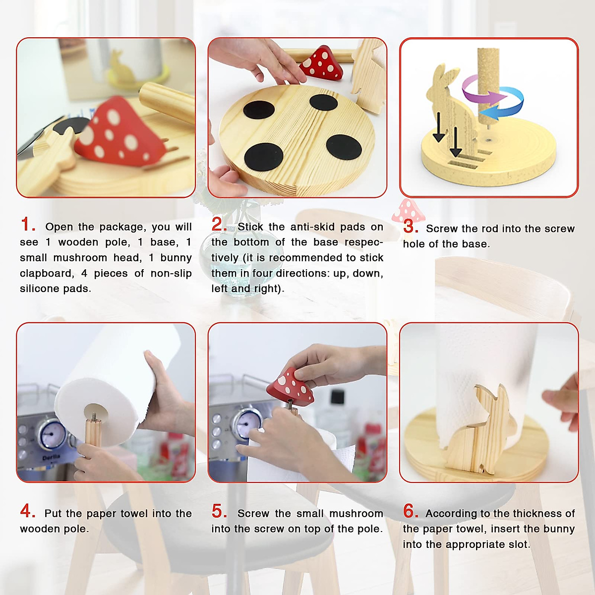 Wood Paper Towel Holder, Farmhouse Rustic Paper Towel Holder Countertop Standing Paper Towel Organizer Roll Dispenser, Wooden Paper Towel Roll Holders for Kitchen Home Decor (Rabbit and Mushroom)