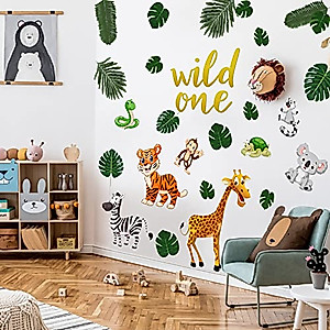 29 Pieces Jungle Themed Cutouts Party Decoration Safari Zoo Animals Cutouts Tropical Leaves Paper Cutouts with Adhesive Dots Wall Decals Wild One Sign for Baby Shower School Classroom Party Supply